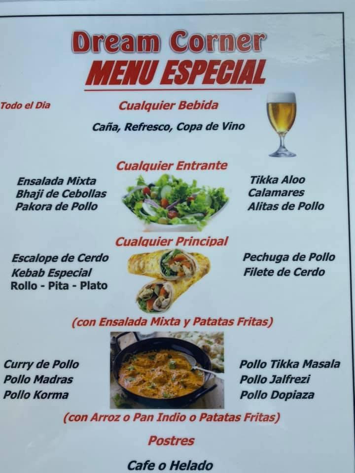 Menu at Dream Corner restaurant, el Gran Alacant, Avinguda del Mediterrani