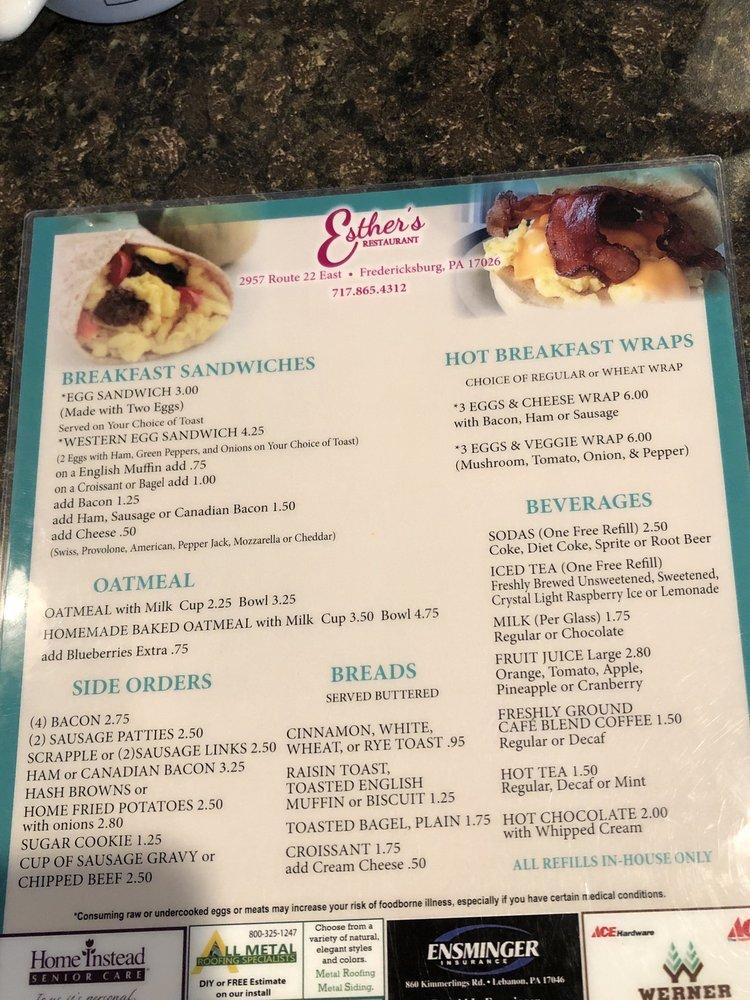 Menu at Esther's Restaurant, Fredericksburg
