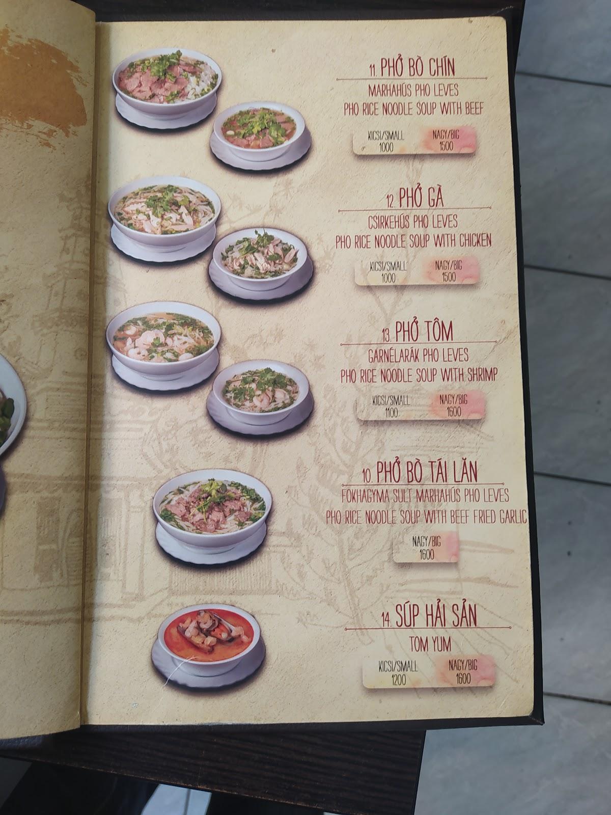 Menu at Lam Anh Pho restaurant, Budapest