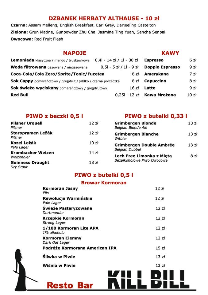 Menu at Resto Bar Kill Bill, Warsaw, Aleja Komisji Edukacji Narodowej 95