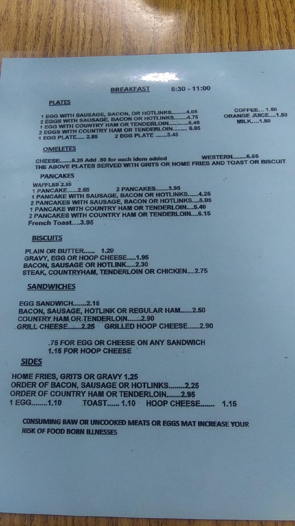 Menu at Royston Drive In restaurant, Royston