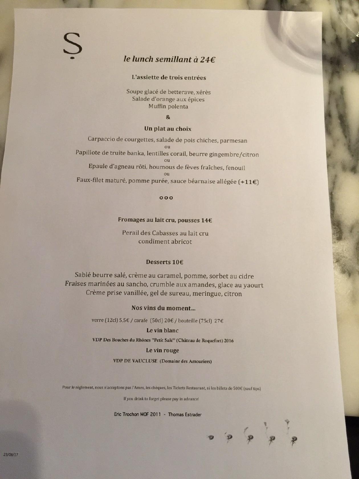 Menu at Semilla restaurant, Paris, 54 Rue de Seine