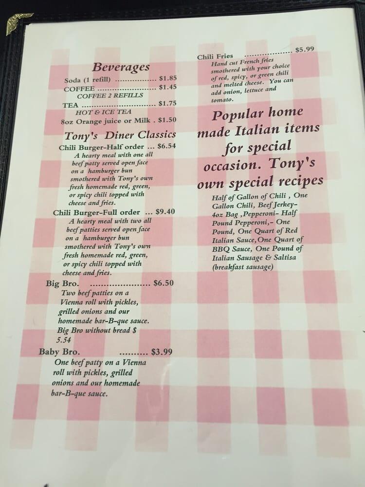 Menu at Tony's Diner cafe, Trinidad