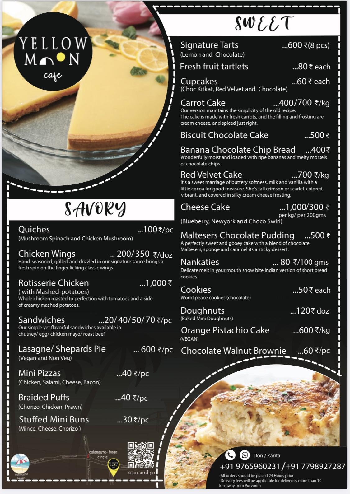Menu at Yellow Moon Cafe, Calangute
