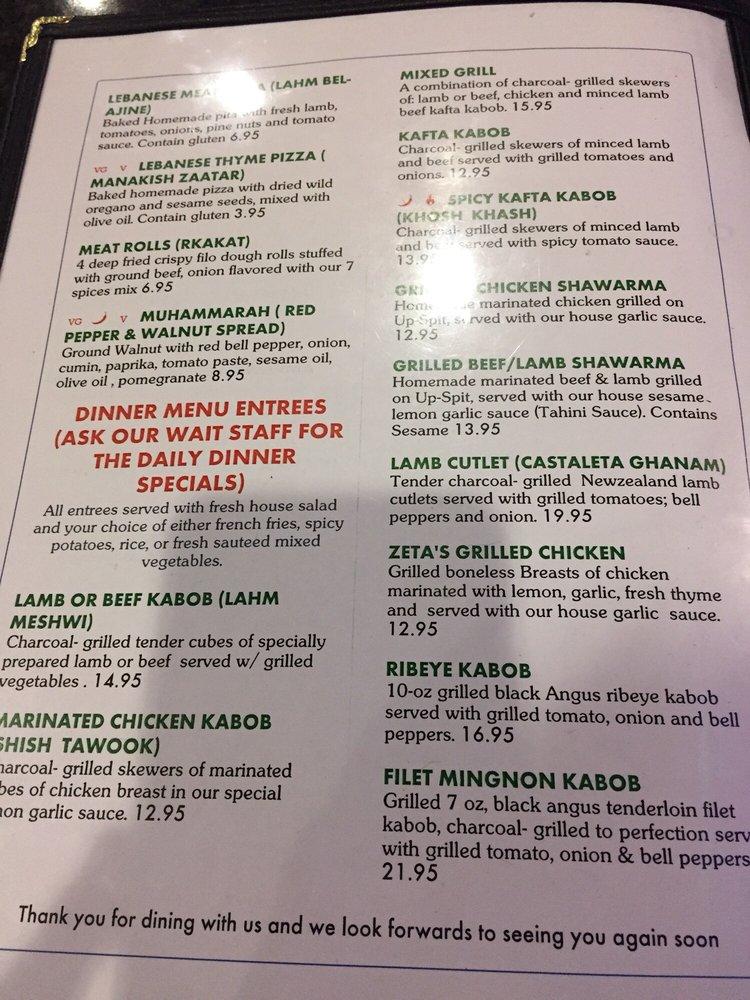Menu at Zeta's Grill restaurant, Avondale