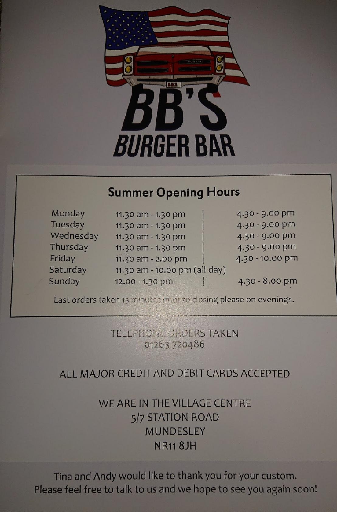 Menu at Bb's Burger Bar, Mundesley