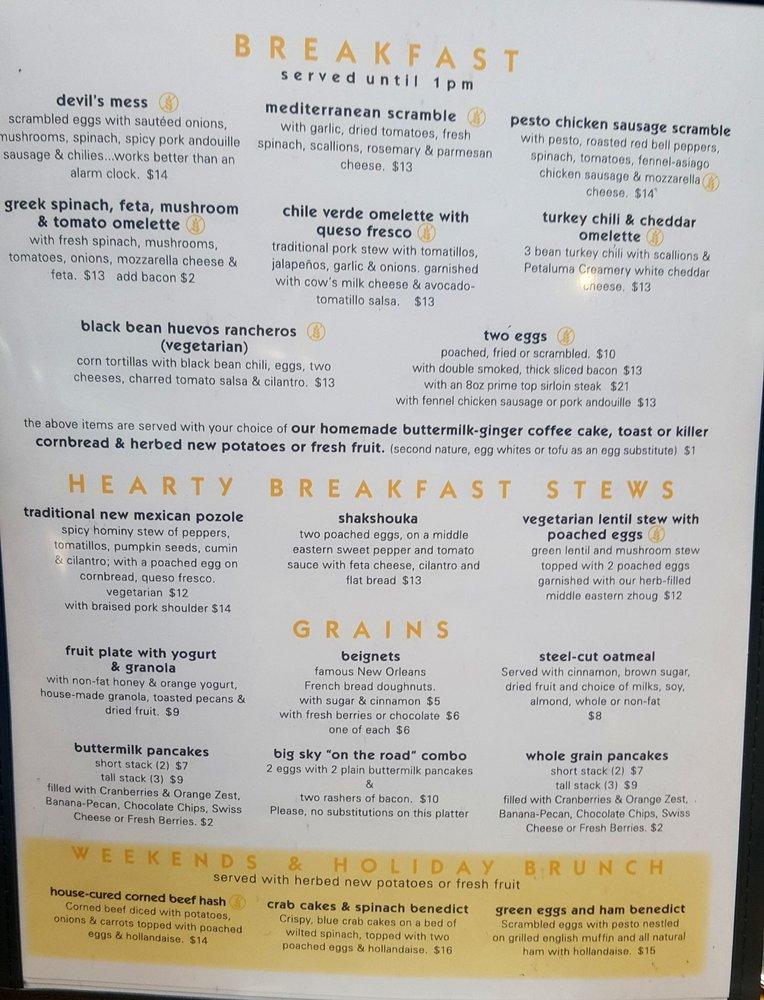 Menu at Big Sky Cafe, San Luis Obispo