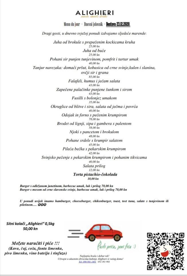 Menu at Bistro Alighieri restaurant, Pula