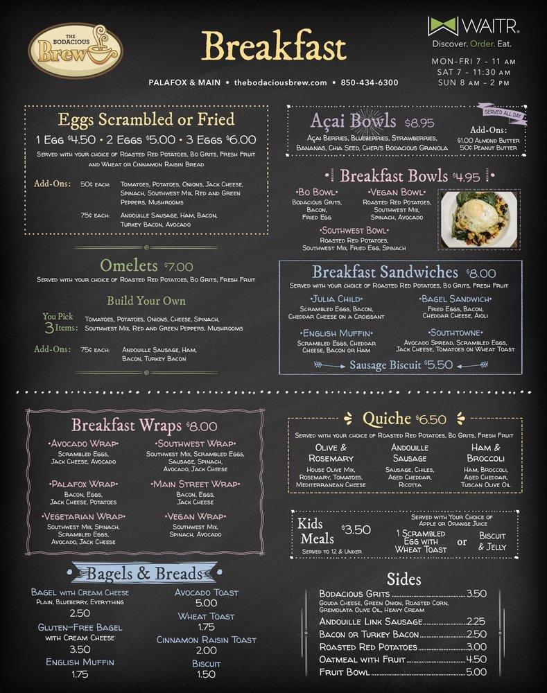Menu at Bodacious Shops cafe, Pensacola, 407 S Palafox St C