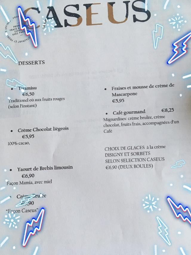 Menu at Caseus restaurant, Limoges