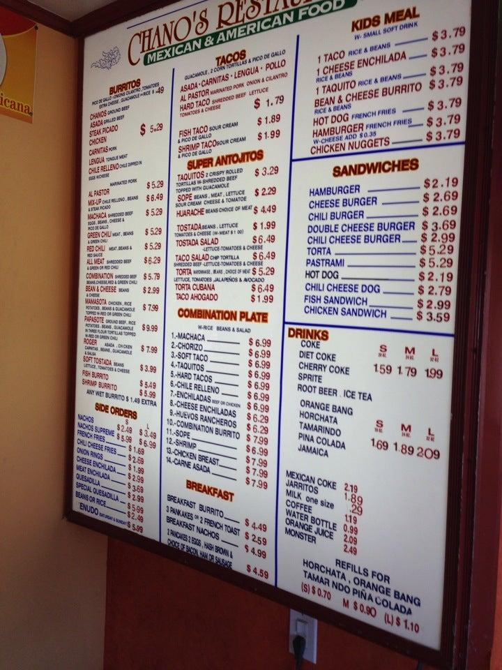 Menu at Chanos Drive-In restaurant, San Gabriel