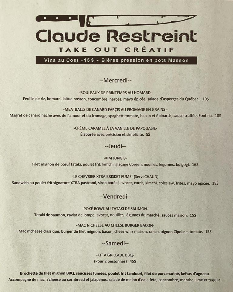 Menu au Clandestin,Cuisine Créative restaurant, Gatineau