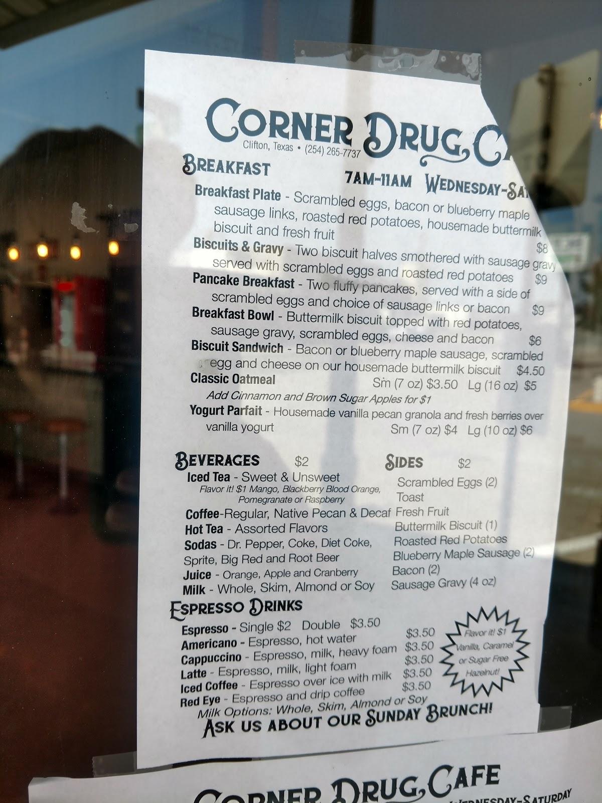 Menu at Corner Drug Cafe, Clifton