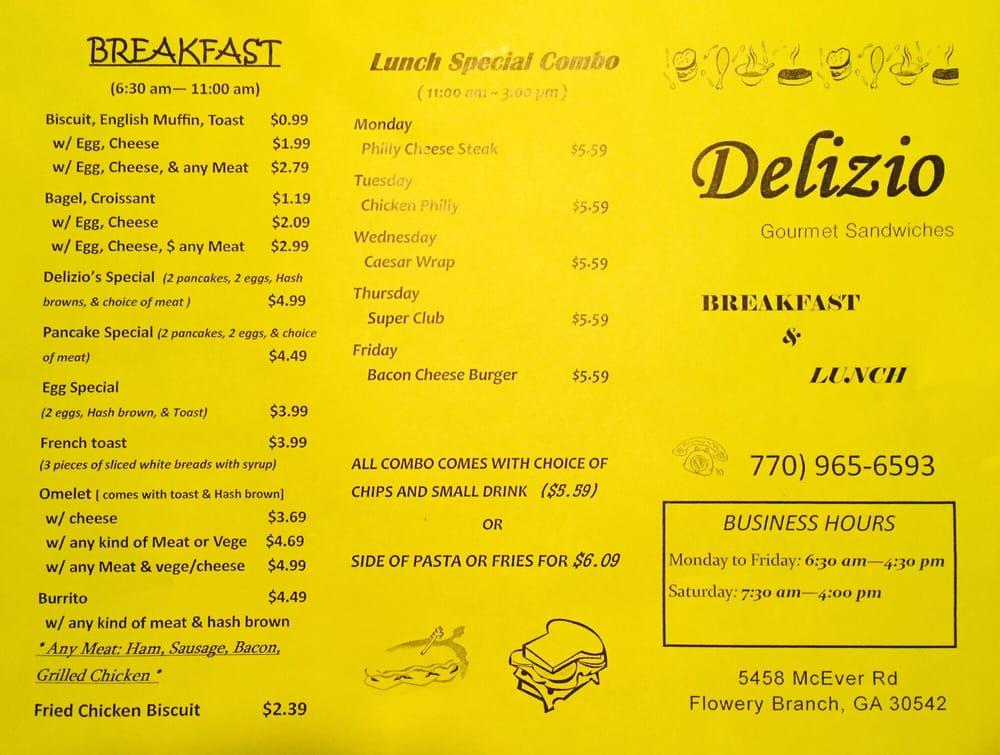 Menu at Delizio restaurant, Flowery Branch