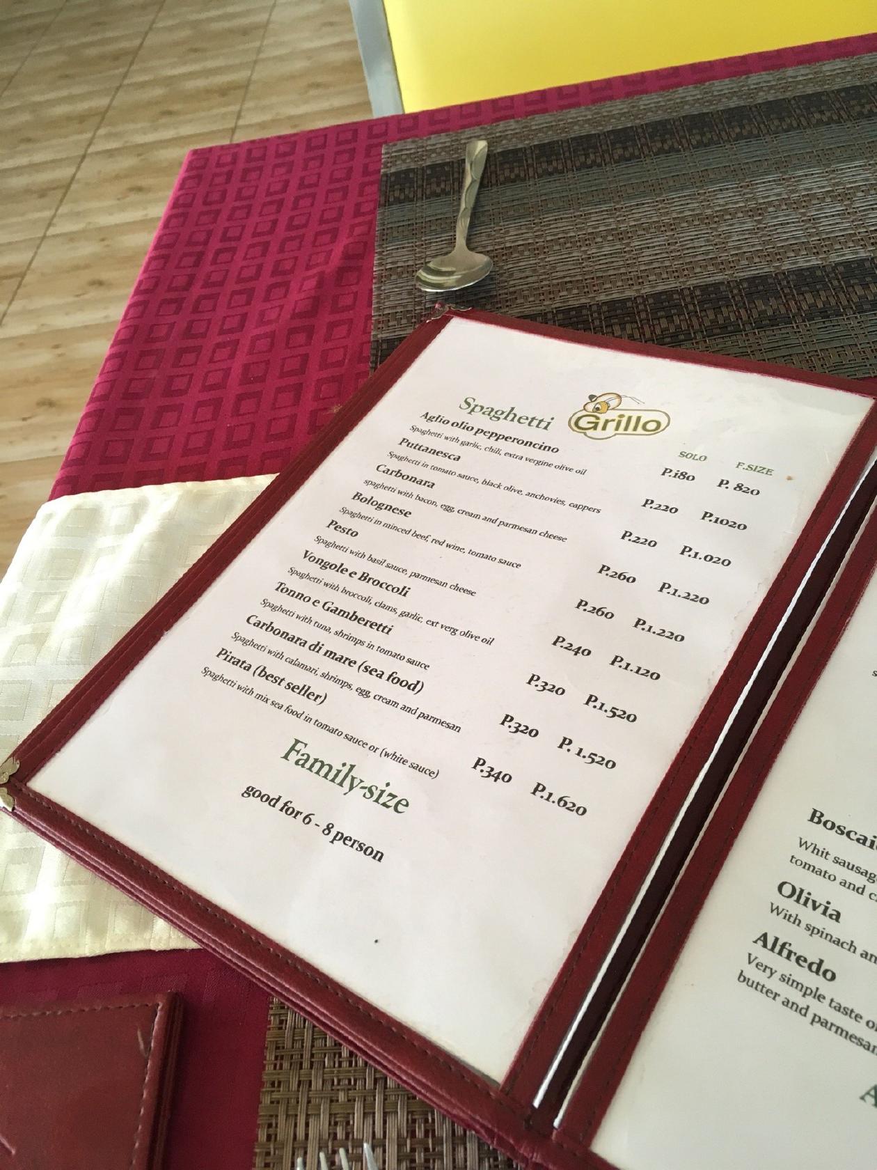 Menu at Grillo Pizzeria Ristorante, Calapan