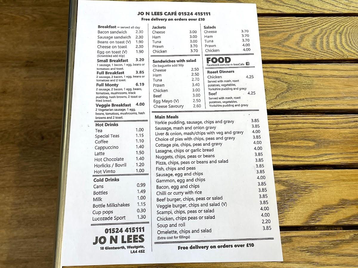 Menu at Jo N Lee’s Café cafe, Morecambe