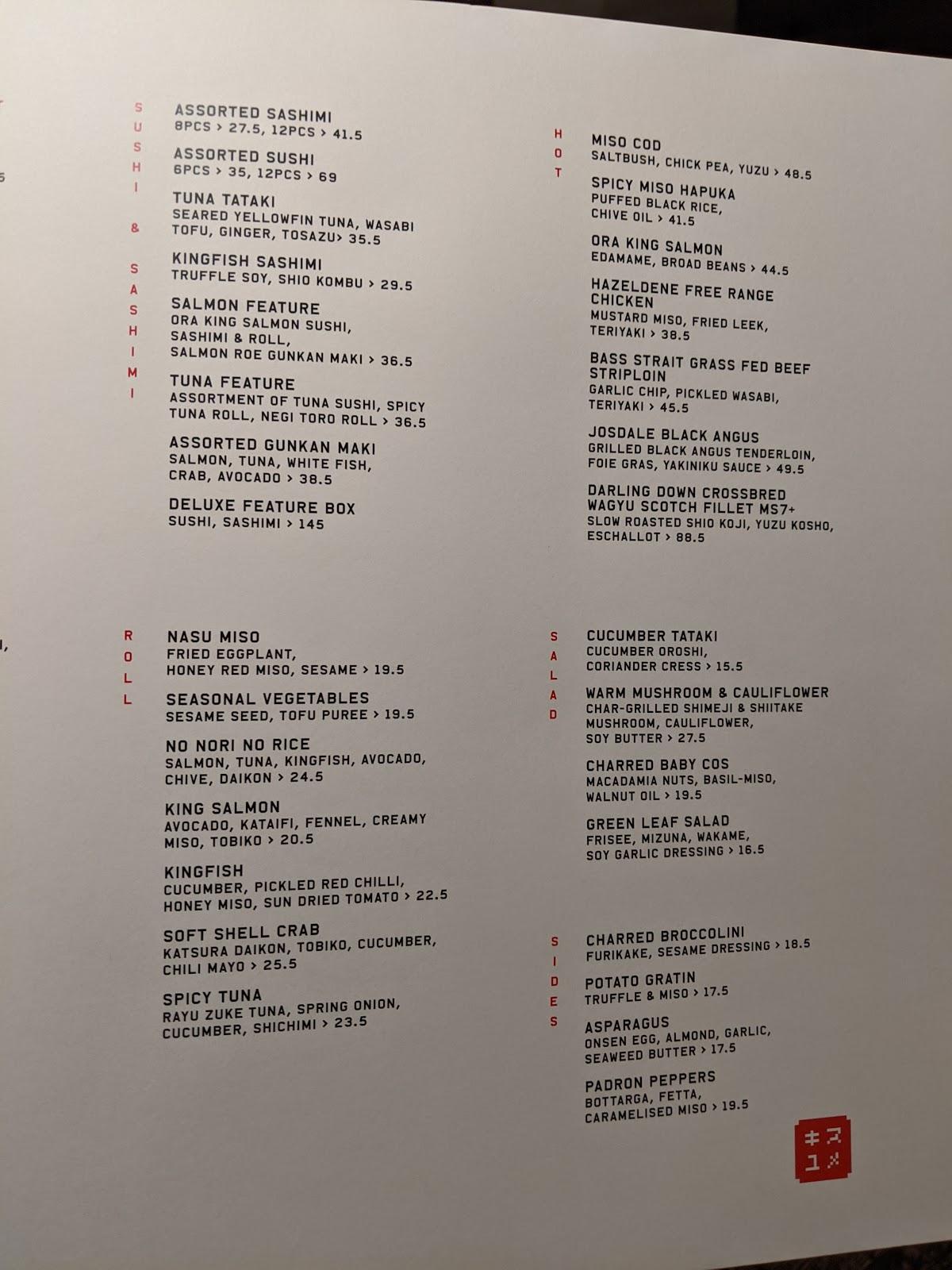 Menu at Kisumé restaurant, Melbourne
