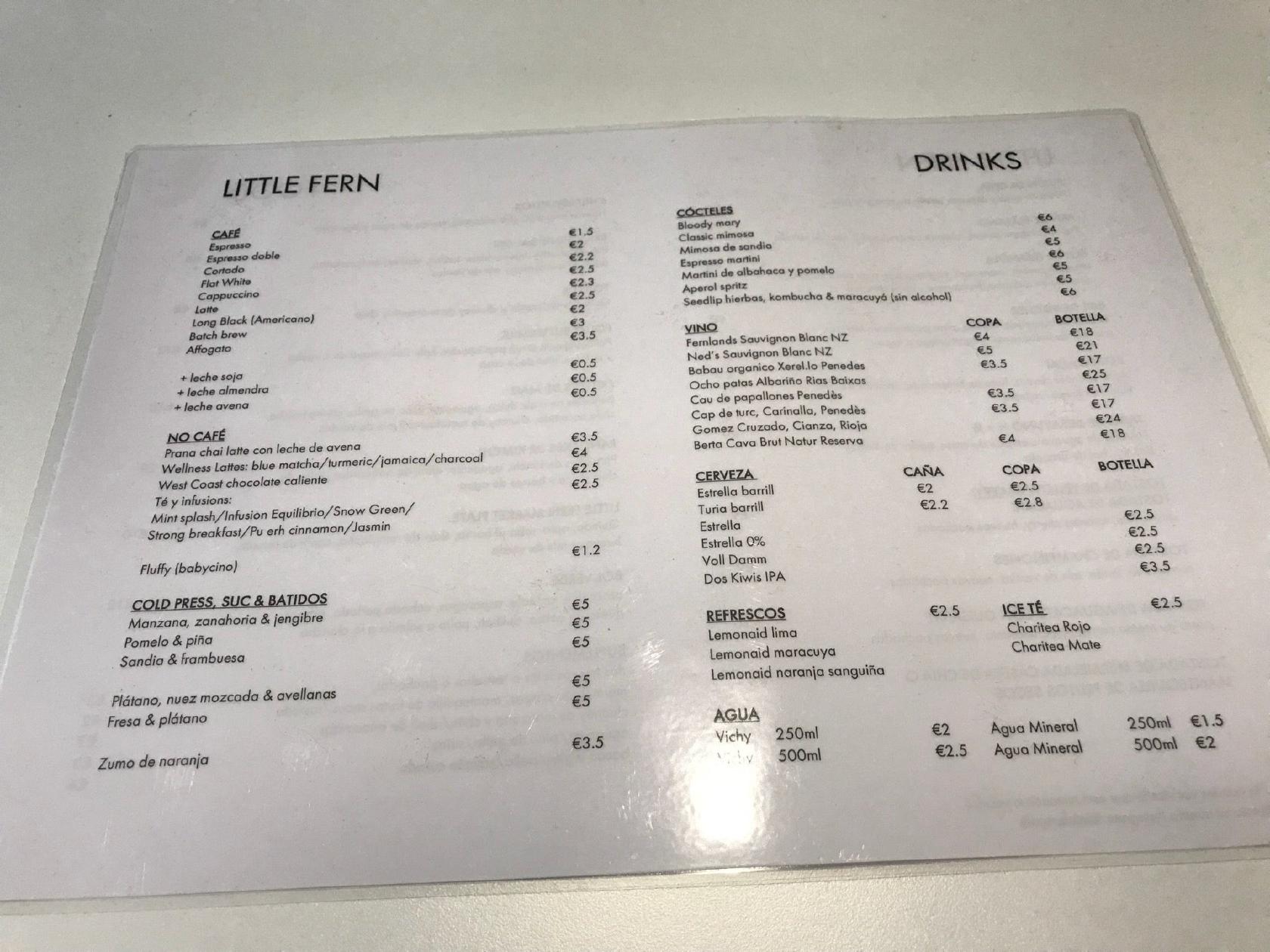 Menu at Little Fern cafeteria, Barcelona