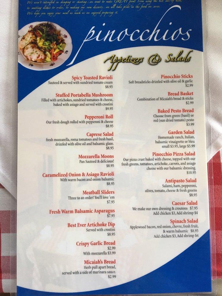 Menu at Pinocchio's Italian Eatery restaurant, Brighton