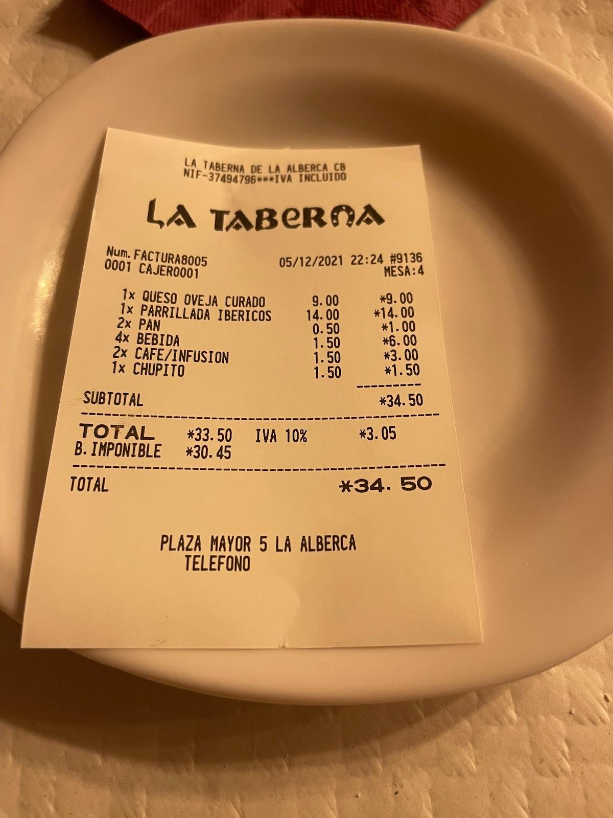 Carta de Restaurante La Taberna, La Alberca