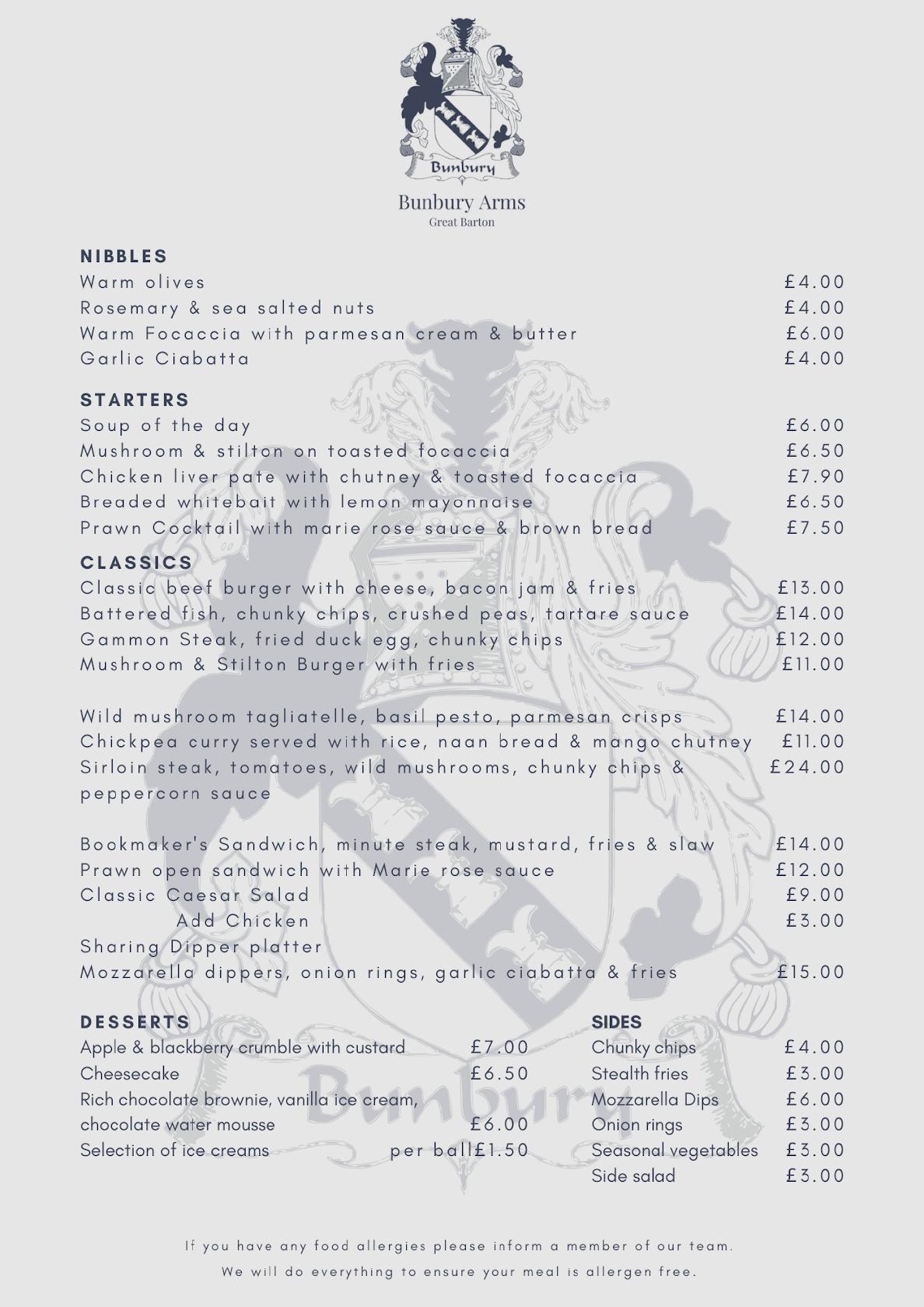Menu at The Bunbury Arms pub & bar, Bury Saint Edmunds