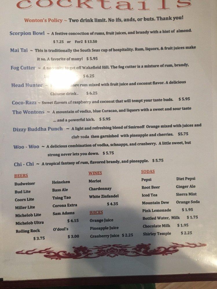 Menu at Wontons Chinese Restaurant, Wakefield, White Mountain Hwy
