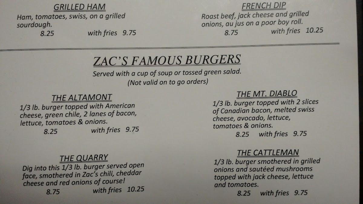 Menu at Zac's Cafe, Dublin