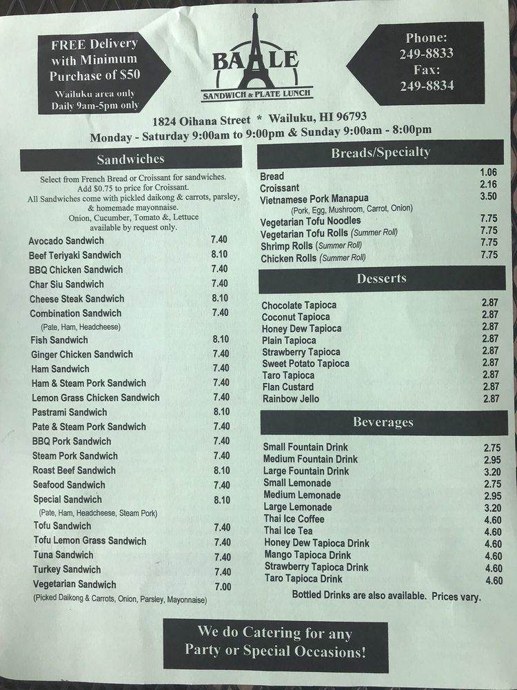 Menu at Ba-Le Sandwich Shop fast food, Wailuku