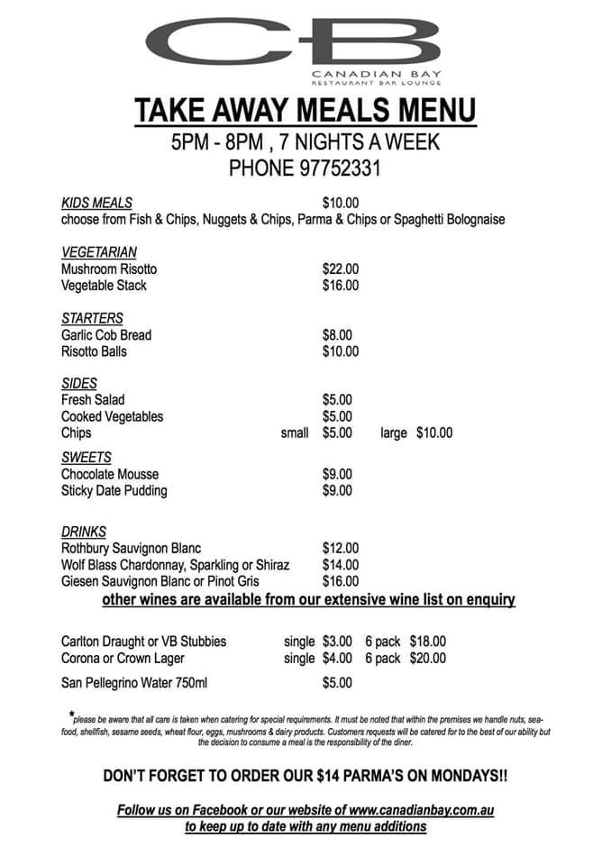 Menu at Canadian Bay Hotel pub & bar, Mount Eliza