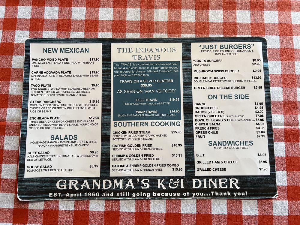 Menu at Grandma's K & I Diner restaurant, Albuquerque
