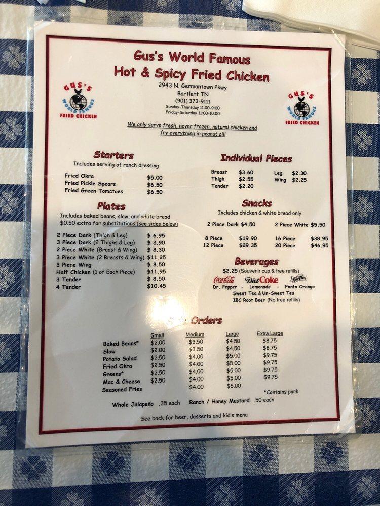 Menu at Gus's World Famous Fried Chicken restaurant, Bartlett, N ...