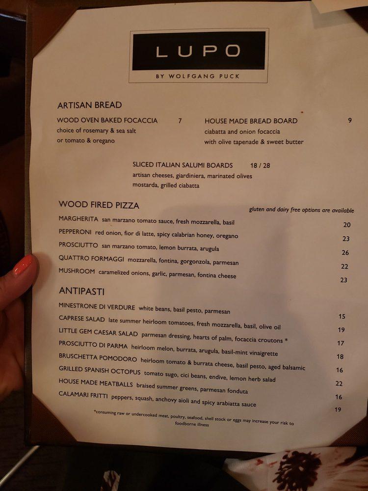 Menu at Lupo by Wolfgang Puck restaurant, Las Vegas, 3950 S Las Vegas Blvd