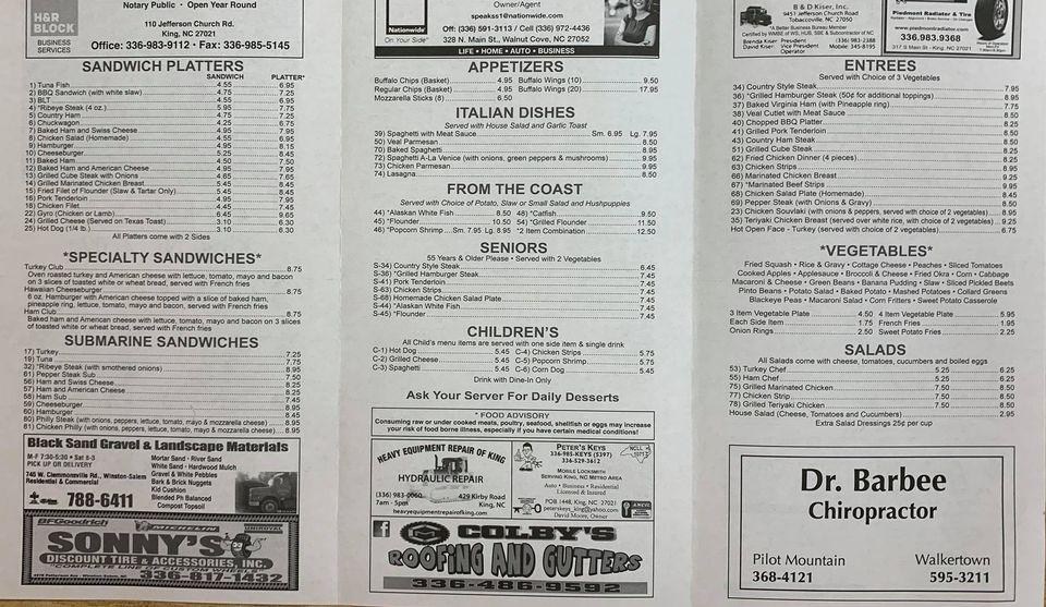 Menu at P B Clark's Family Restaurant, King