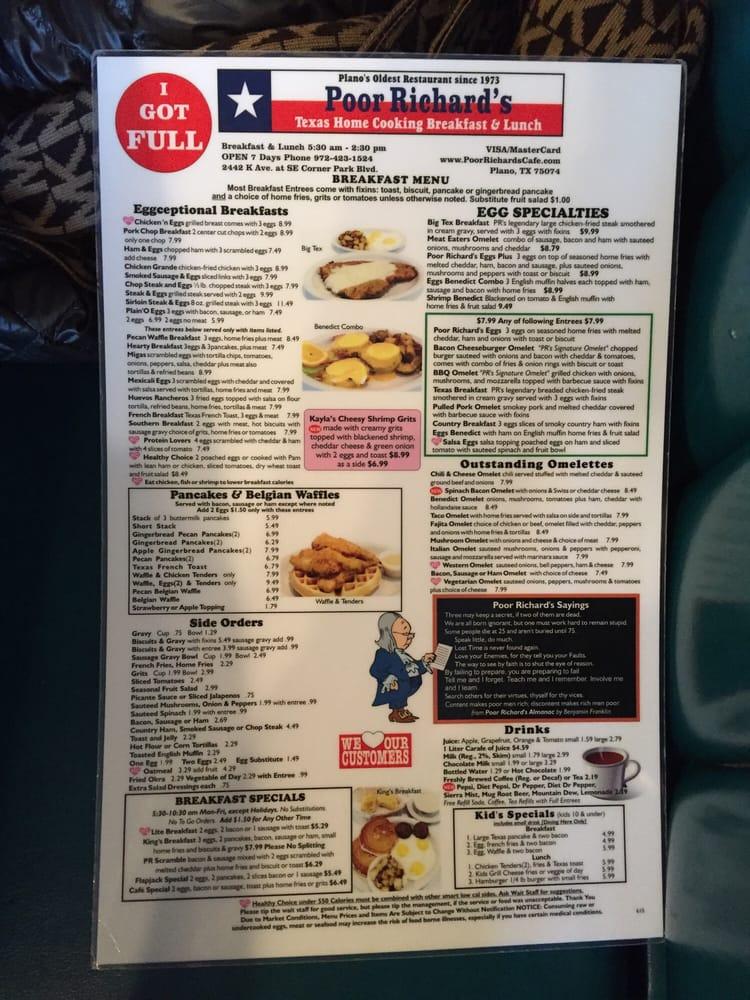 Menu at Poor Richard's Cafe, Plano
