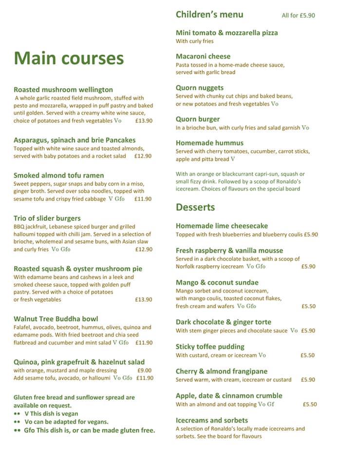 Carta del restaurante The Walnut Tree, Thwaite, Eye, Norwich Rd