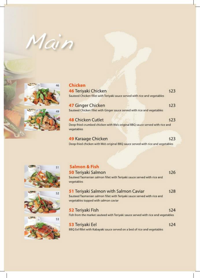 Menu at WA restaurant, Bondi Junction