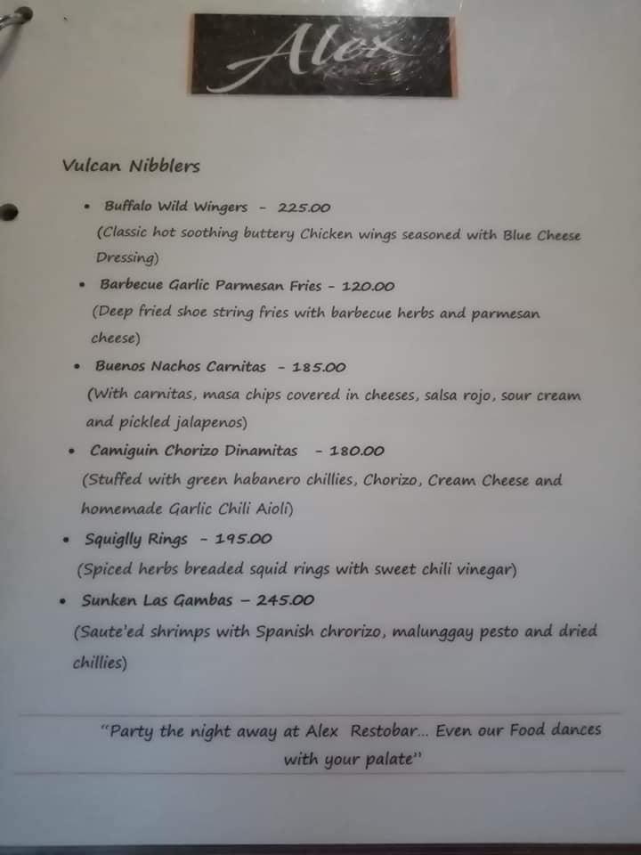 Menu at Alex Restaurant + Bar, Mambajao