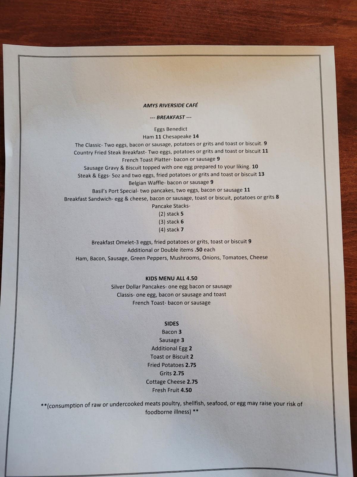 Menu at Amy's Cafe, Fredericksburg