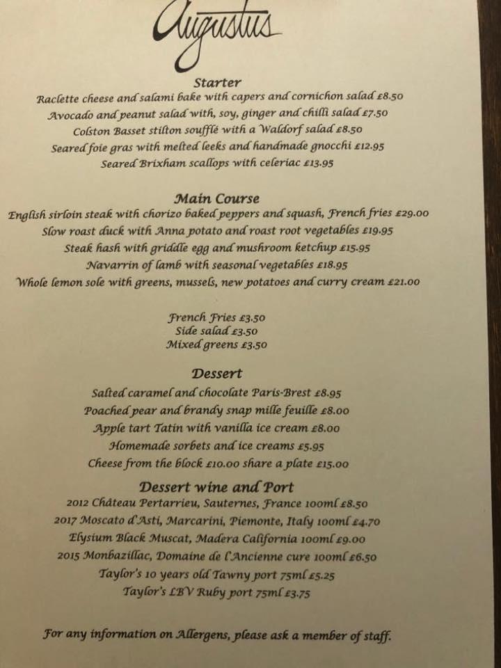 Menu at Augustus Restaurant, Taunton