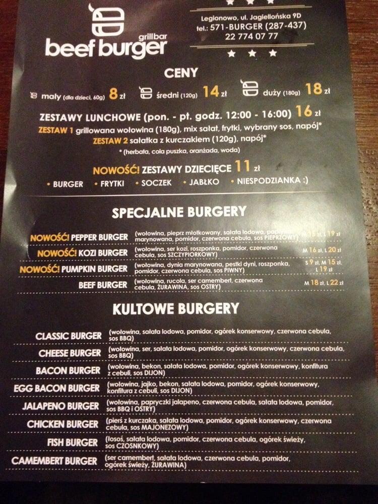 Menu at Beef Burger restaurant, Legionowo