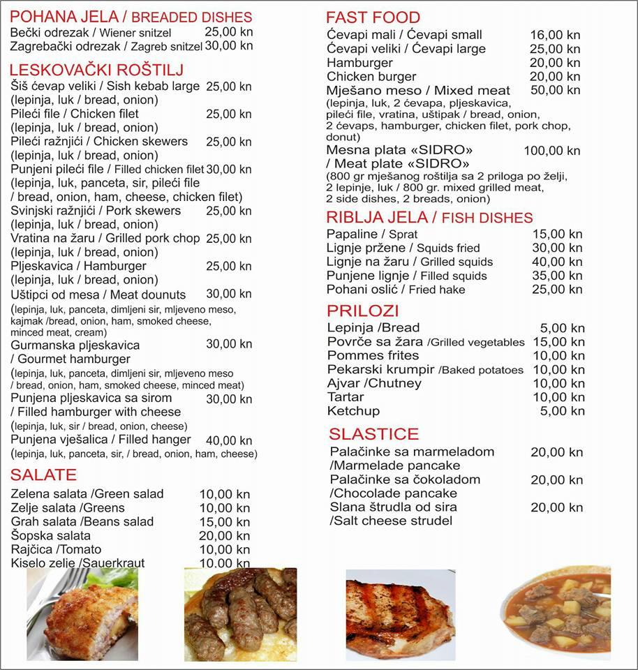 Menu at Bistro SIDRO restaurant, Zaprešić