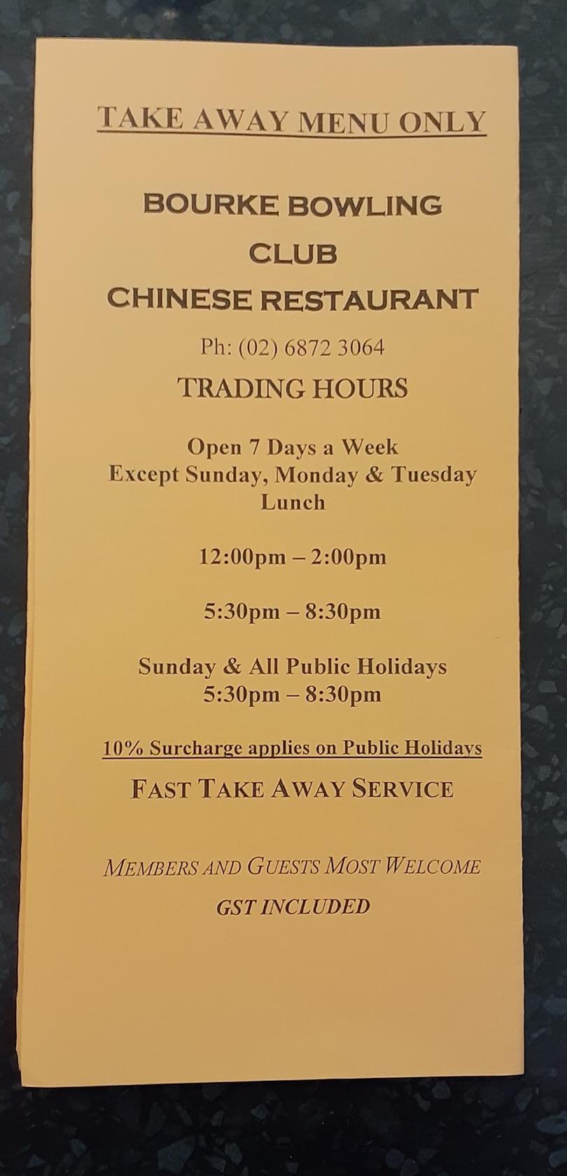 Menu at Bourke Bowling Club, Bourke