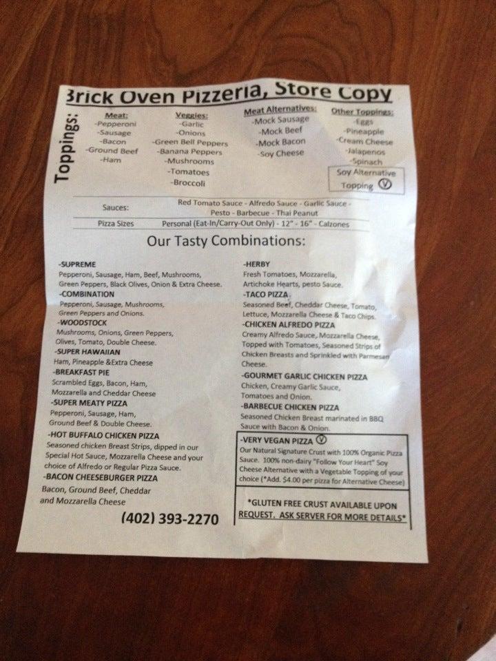 Menu at Brick Oven Pizzeria, Omaha
