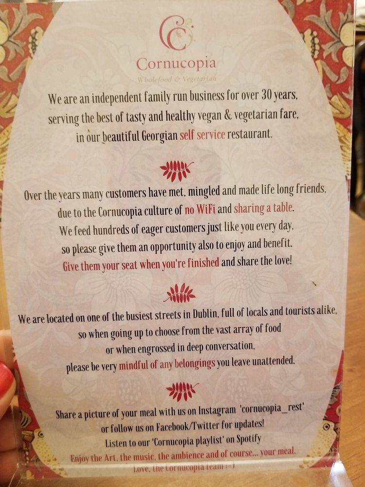 Menu at Cornucopia Wholefoods Restaurant, Dublin