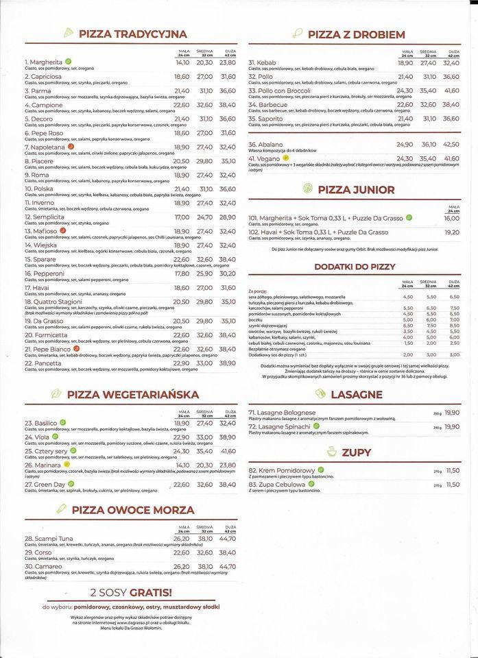 Menu at Da Grasso restaurant, Wolomin