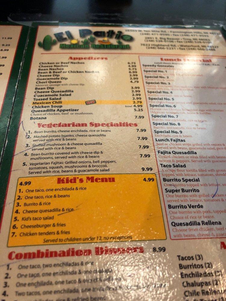 Menu at El Patio Mexican Restaurant, Waterford Township