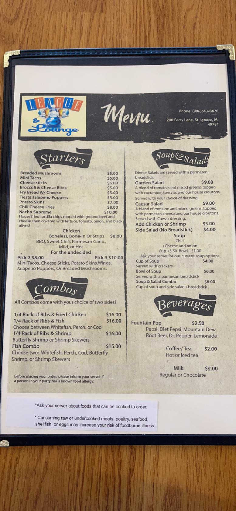 Menu at League & Lounge pub & bar, Saint Ignace