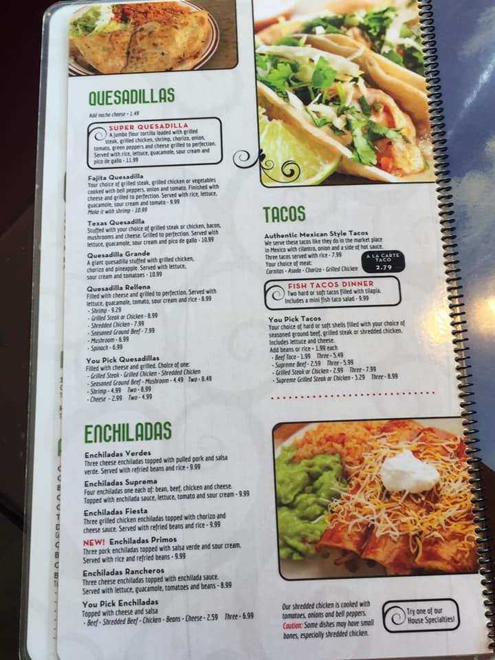 Menu at Los Primos Mexican restaurant, Hidden Valley