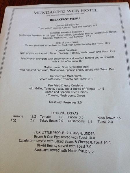 Menu at Mundaring Weir Hotel pub & bar, Mundaring