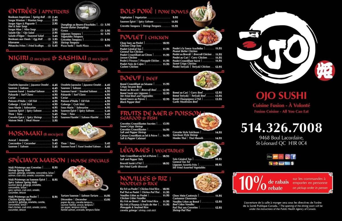 Menu at Ojo sushi restaurant, Montréal